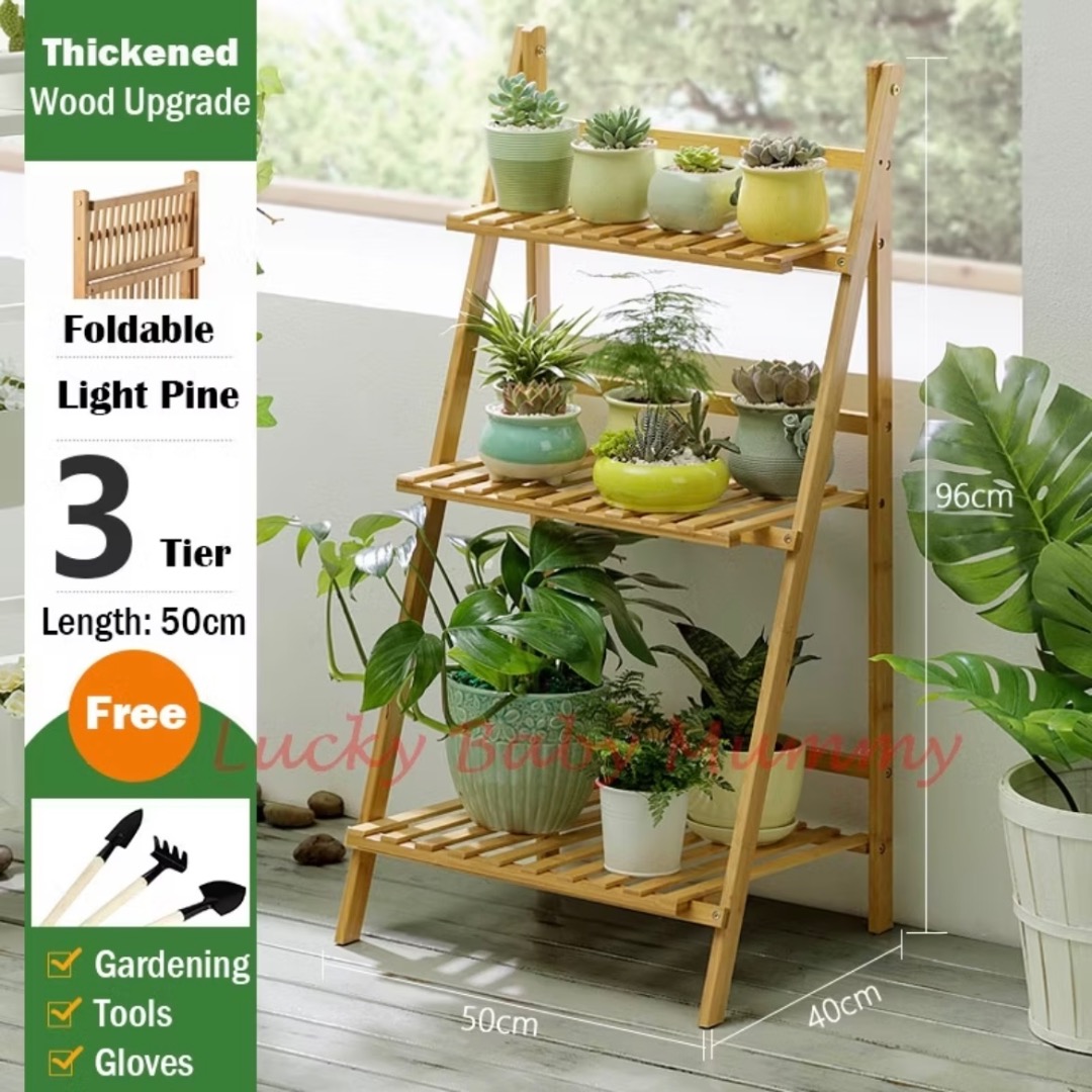 Wooden Plant Stand | Foldable Flowerpot Rack | 3-Tier Plant Display ...