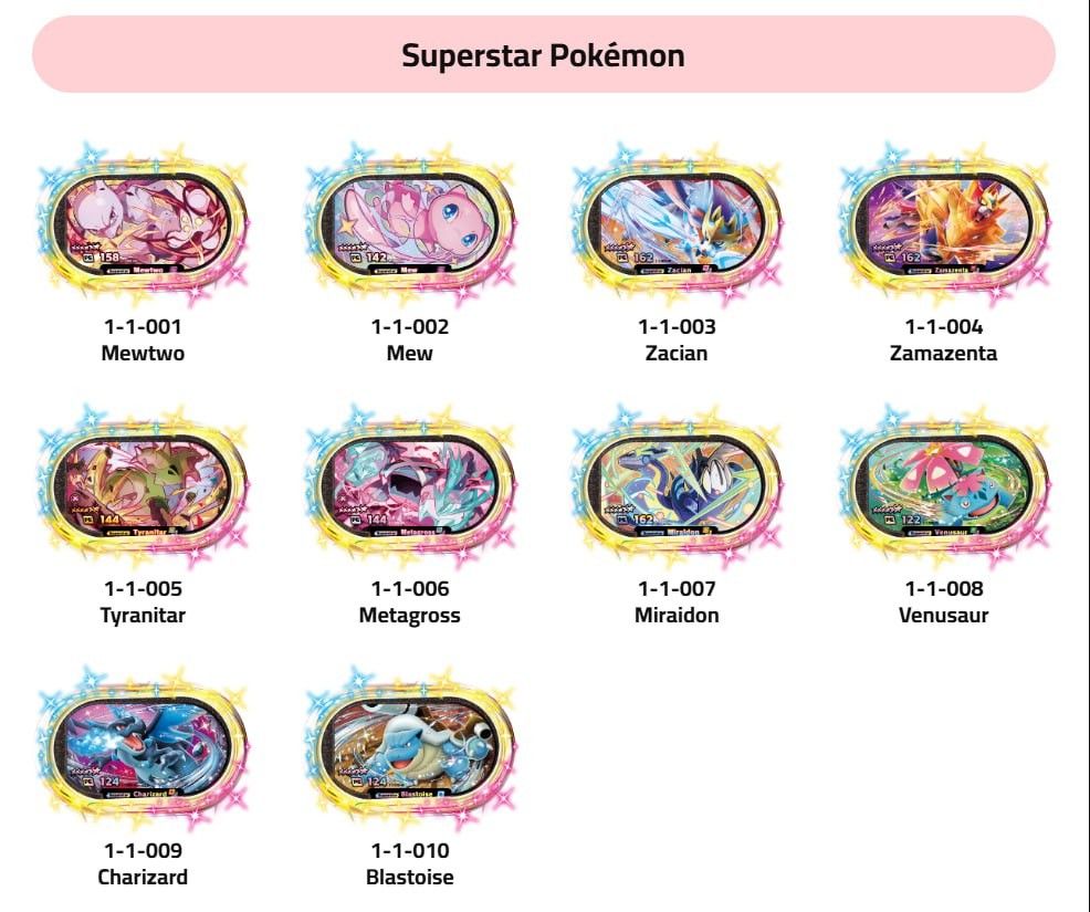 WTB Pokemon Mezastar Stardust Superstar 6 Star Mew Mewtwo Zacian Zamazenta Tyranitar Metagross ...