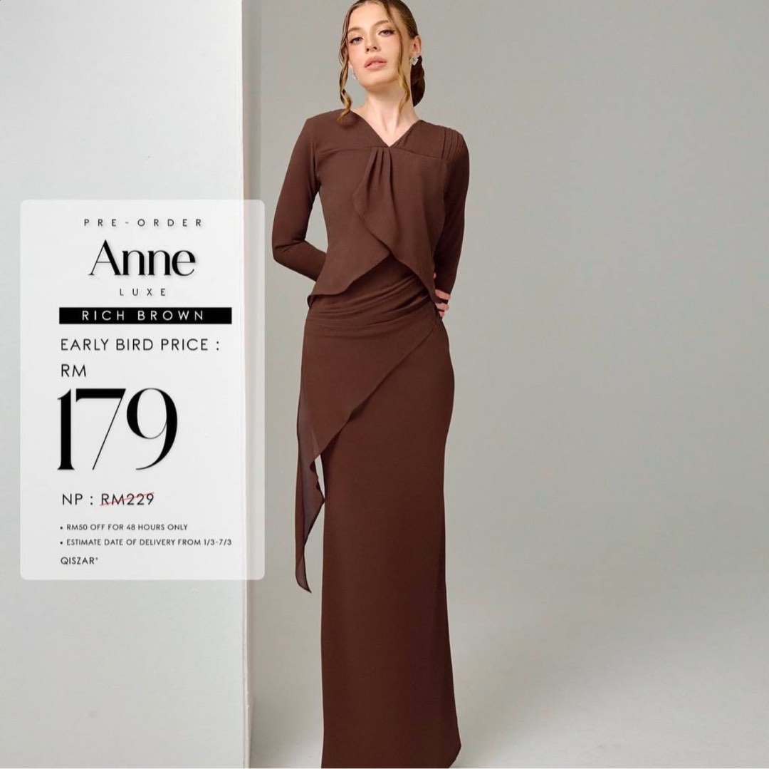 Anne Luxe Rich Brown Qiszar 2025, Women's Fashion, Muslimah Fashion, Baju Kurung & sets on Carousell