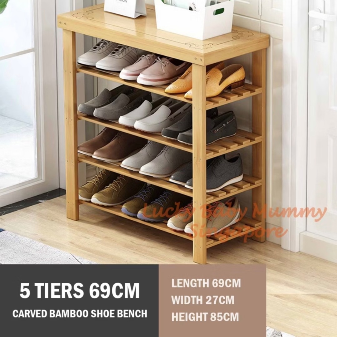 Bamboo Shoe Rack Bench | 5-Tier Shoe Organizer | Natural Wood Shoe ...