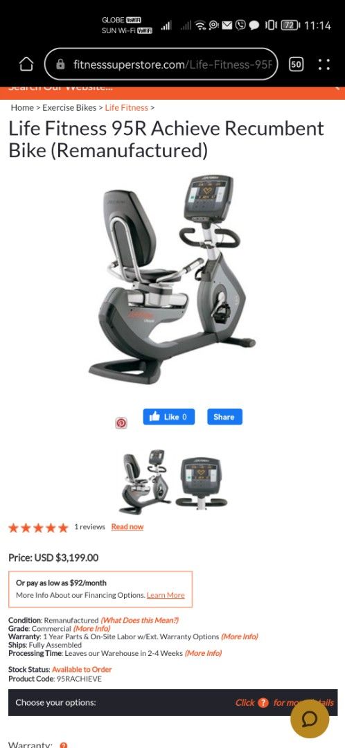 Life Fitness 95R Lifecycle Recumbent Bike Stationary Bike Self Powered with Built-in HD TV ...