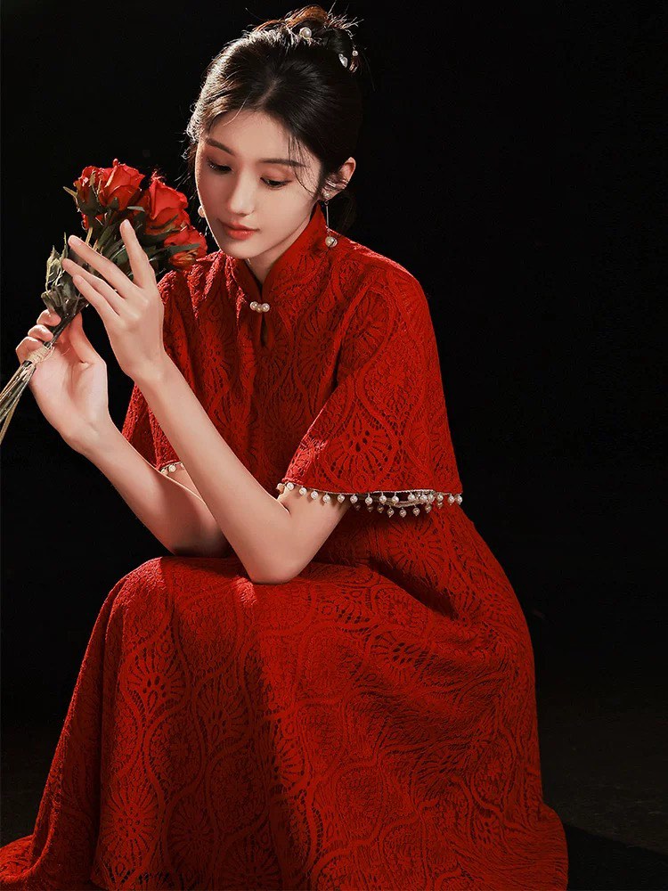 Red Cheongsam Wedding Bridal Pregnancy Bump Friendly, Women's Fashion ...