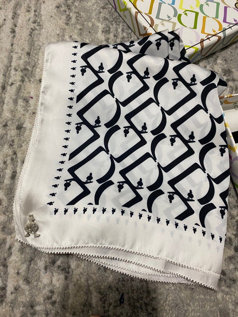 D Monogram dUCk Satin Silk Square Scarf in Croissant, Women's Fashion ...