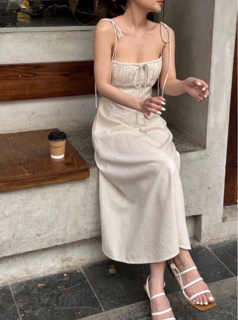 Linen midi Dress Pleated Chest, Women's Fashion, Dresses & Sets ...