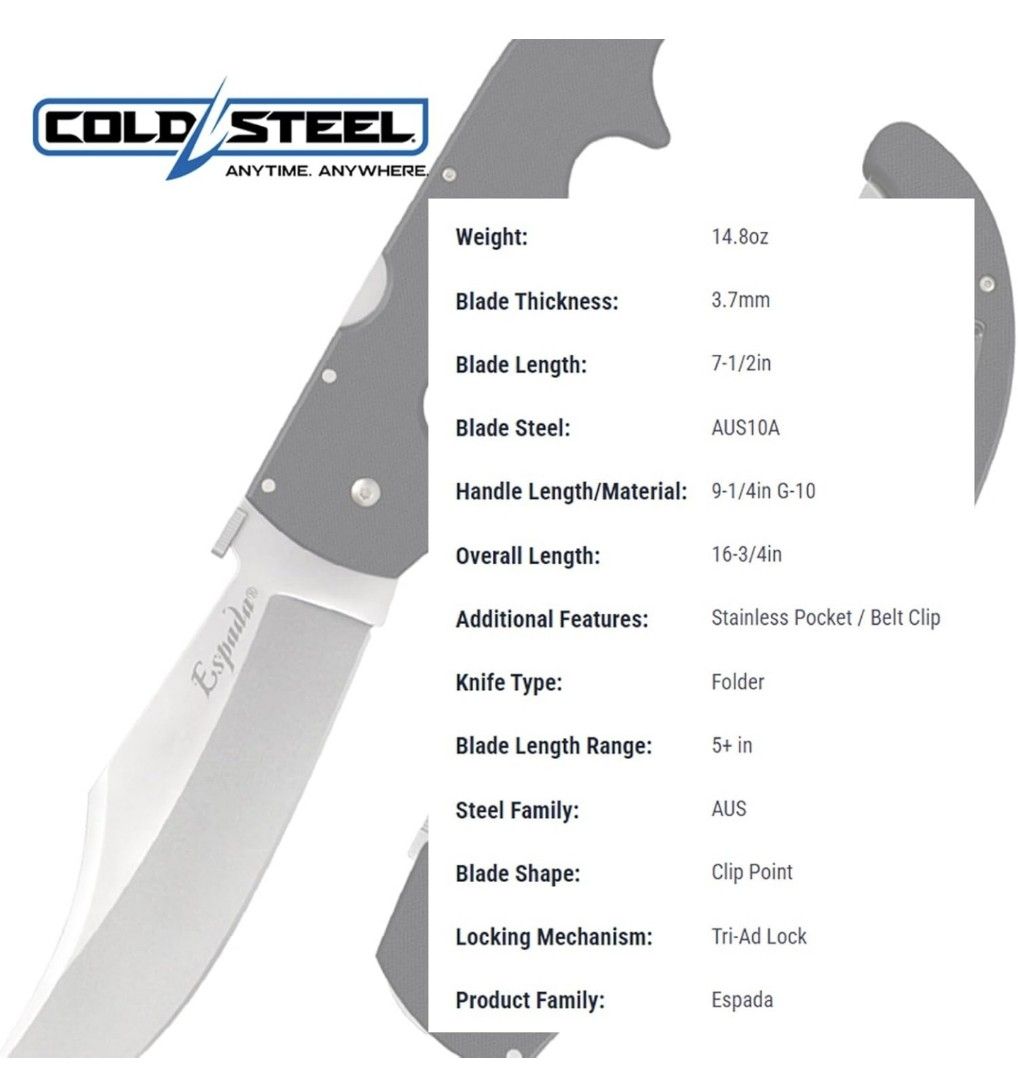 *New In Box*Cold Steel 62MGC XL Espada G10 Folding Knife Japanese AUS ...