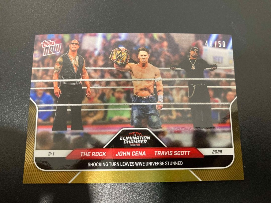 Topps Now WWE /50 Gold The Rock John Cena Travis Scott Shocking Turn Elimination Chamber Final ...