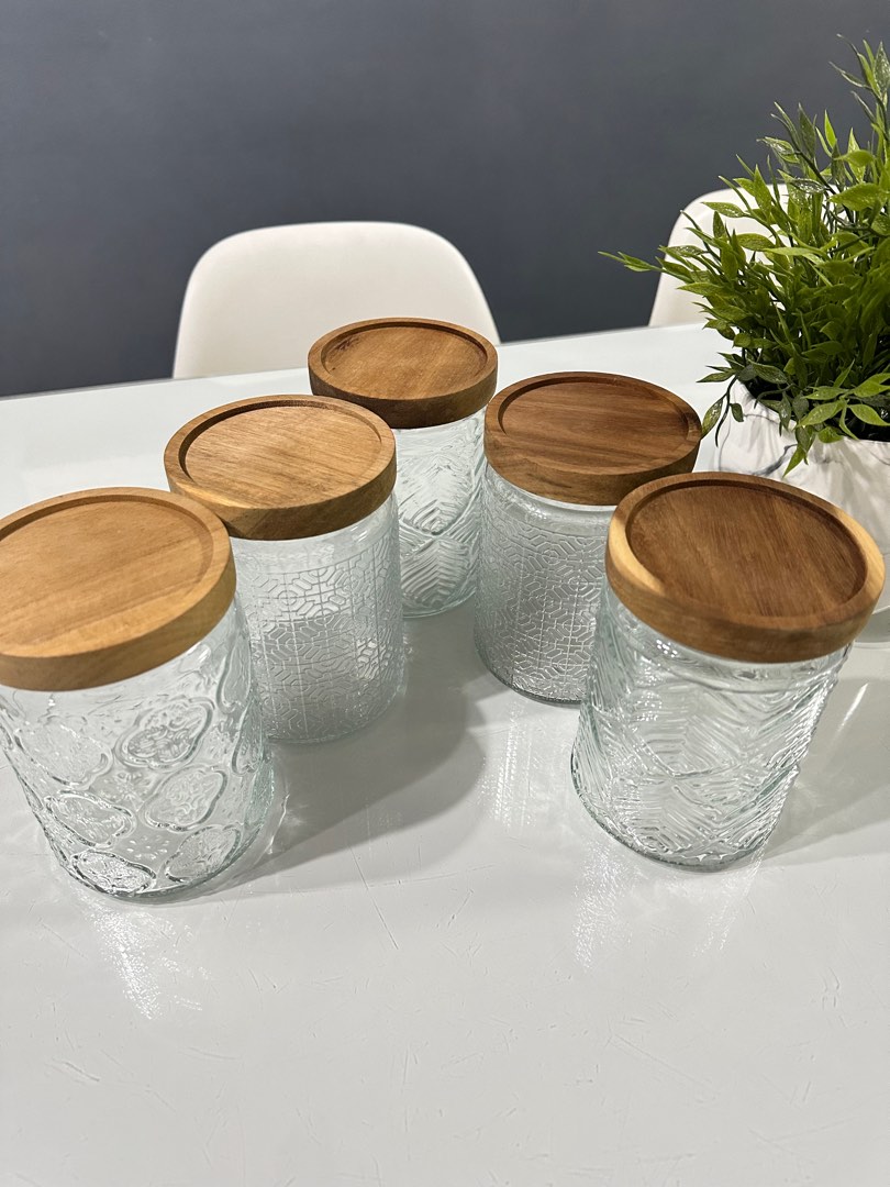 5pcs wooden glass deco Bekas Kuih Raya Kayu Glass Wooden Raya Jar ...