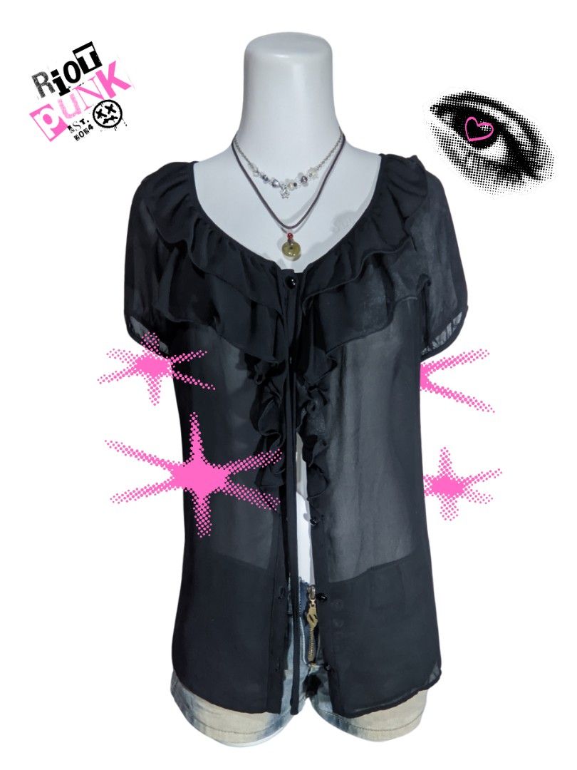 black transparent ruffle top y2k vintage old money office siren goth gothic grunge horror ...