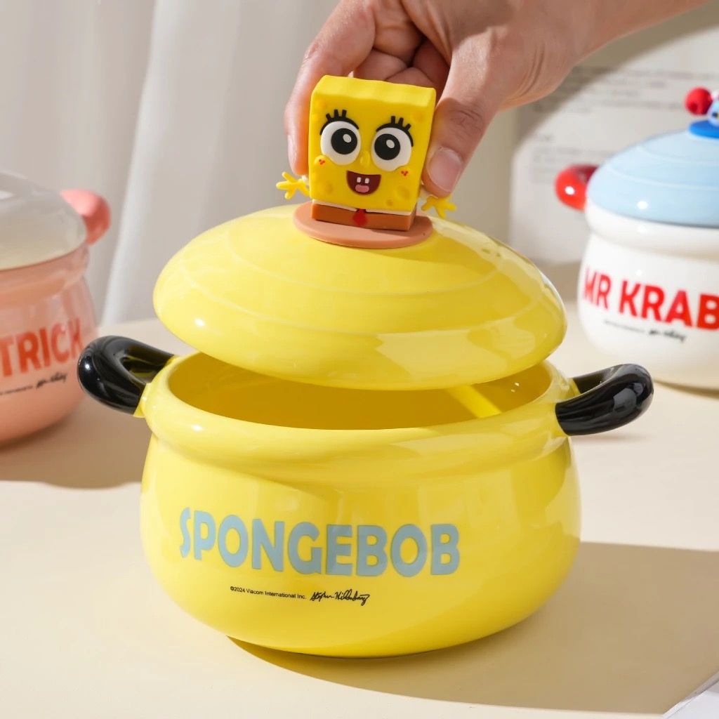 Ceramic Instant Noodle Bowl with Lid SpongeBob Patrick Star Mr. Krabs ...