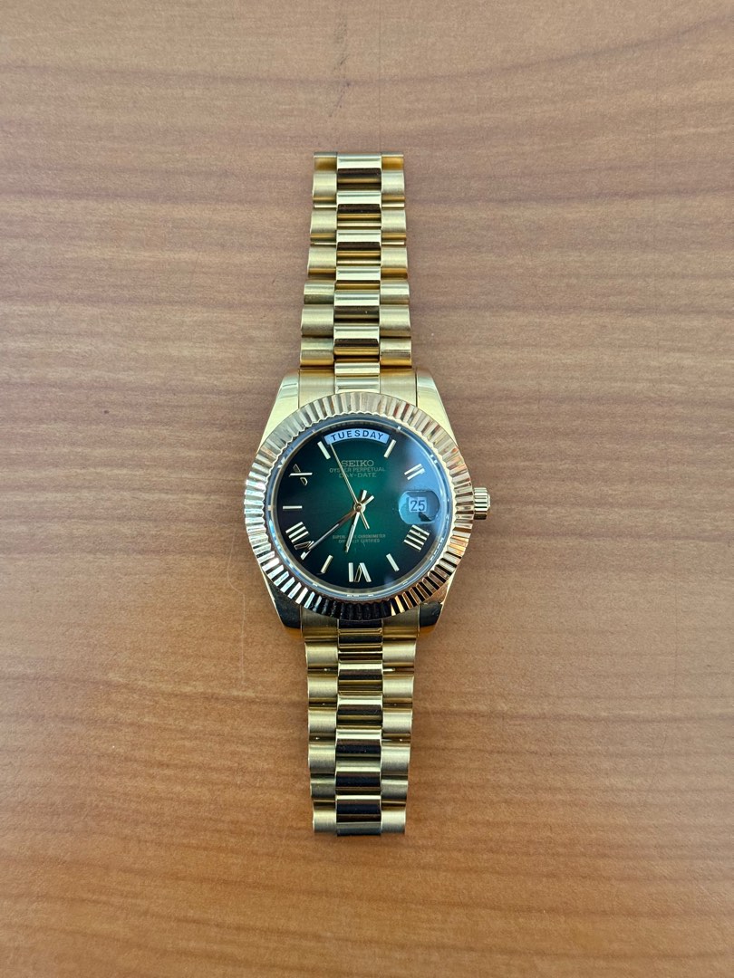Gold Seiko mod Daydate with green dial, Luxury, Watches on Carousell