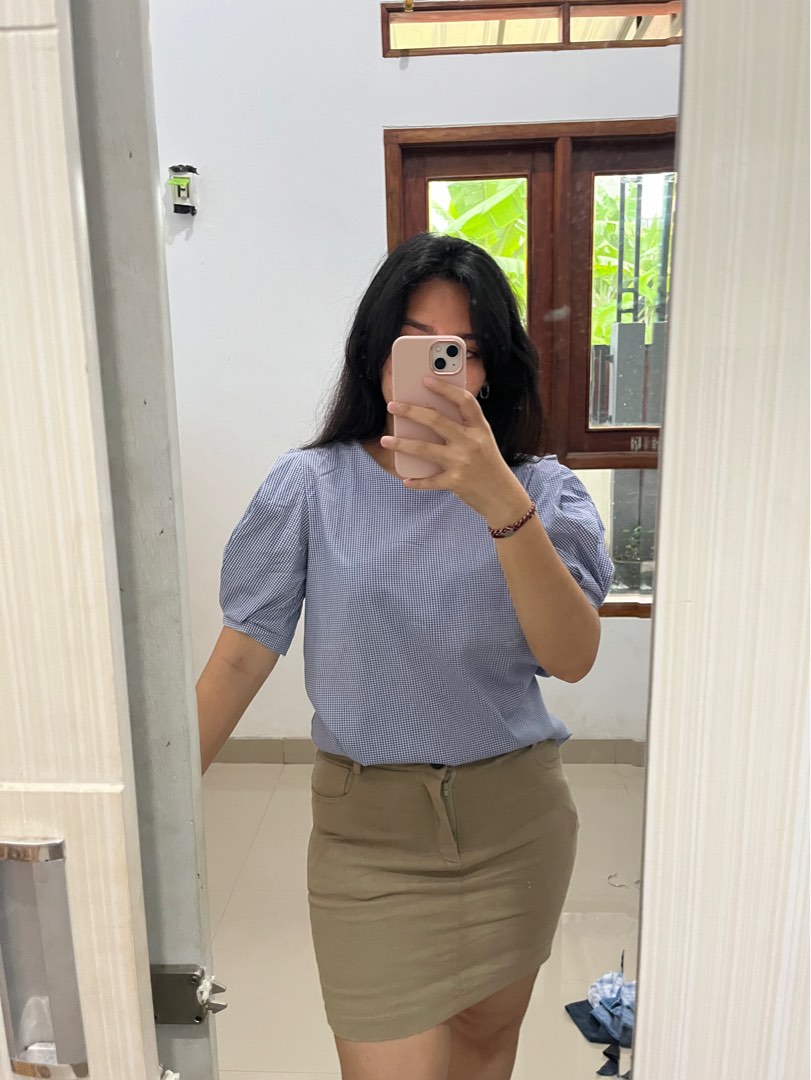 Korean Puff Top/ Kotak kotak/ Pattern top, Fesyen Wanita, Pakaian ...