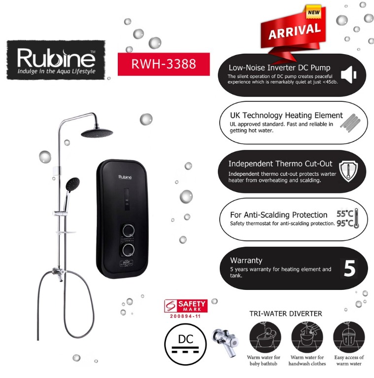 Rubine RWH-3388 Instant Water Heater with Rain Shower and Inverter DC ...