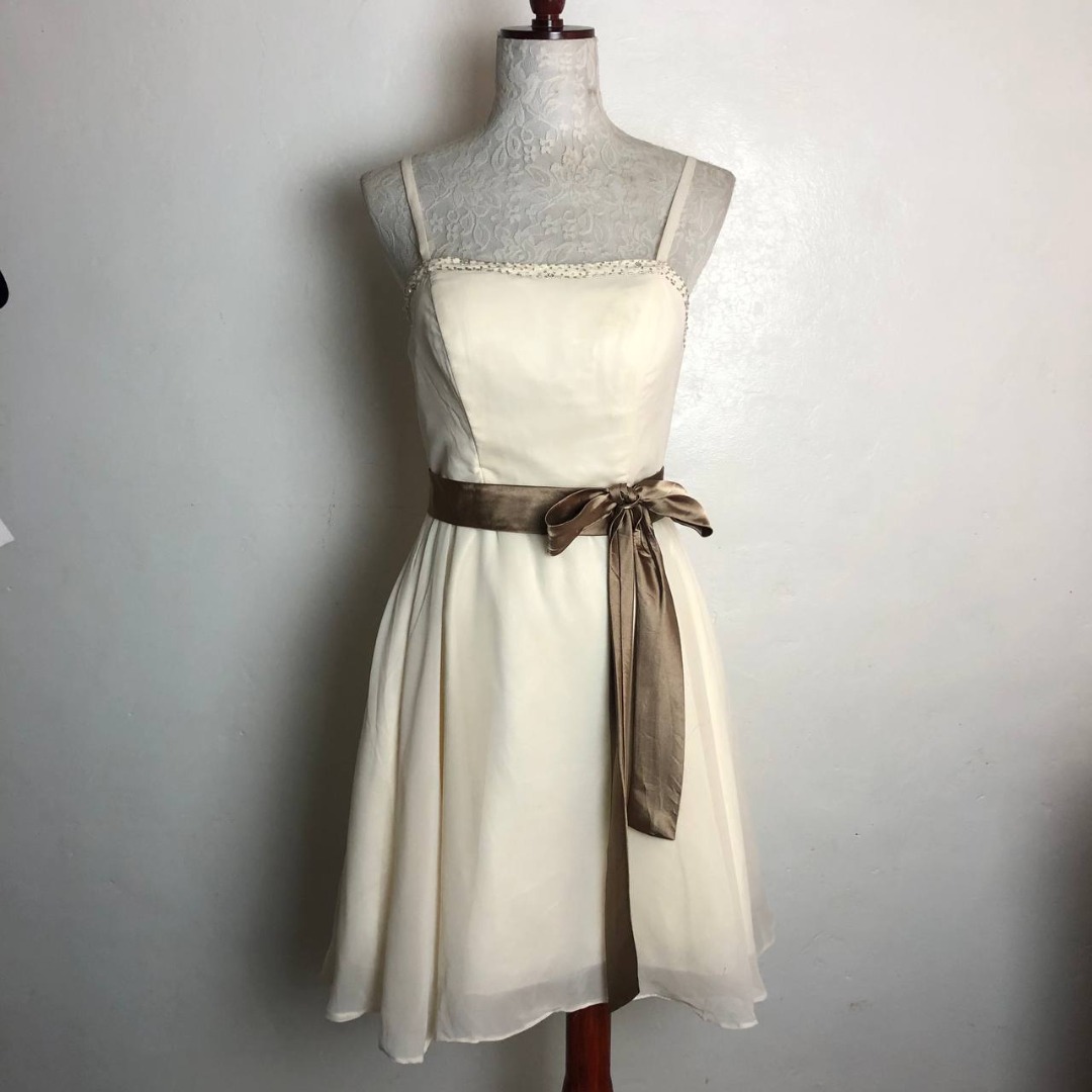 Cream embellished cocktail dress with brown ribbon, Women's Fashion ...