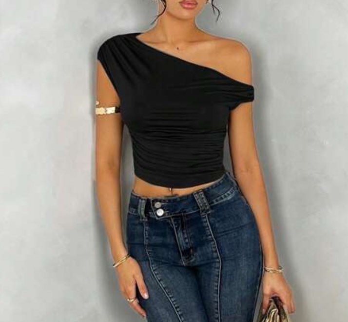 One side off shoulder in black, Women's Fashion, Tops, Shirts on Carousell