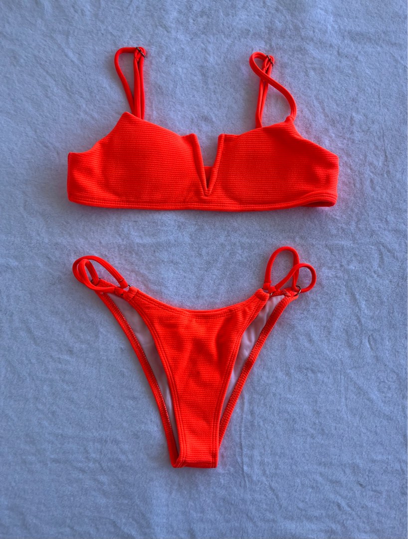 Orange V Metal Two Piece Bikini Set Swimsuit, Women's Fashion, Swimwear ...