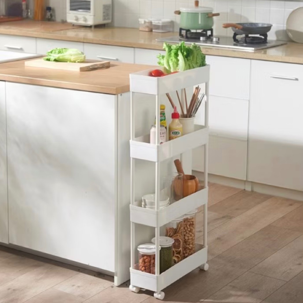 Slim Kitchen Trolley Rack | Rolling Pantry Storage Shelf | 4 Tier Slide ...