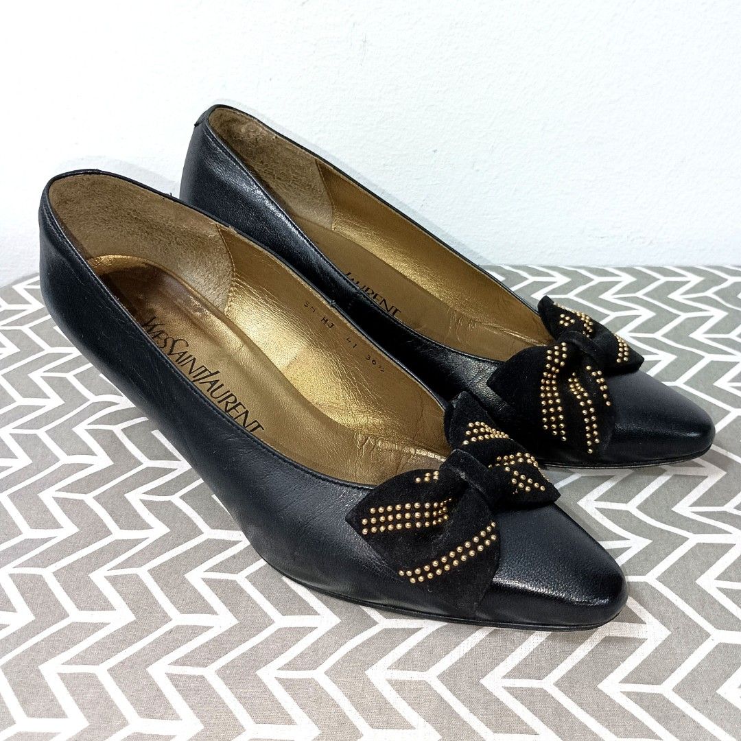 Yves Saint Laurent Black Gold Stud Ribbon Pumps, Luxury, Sneakers ...