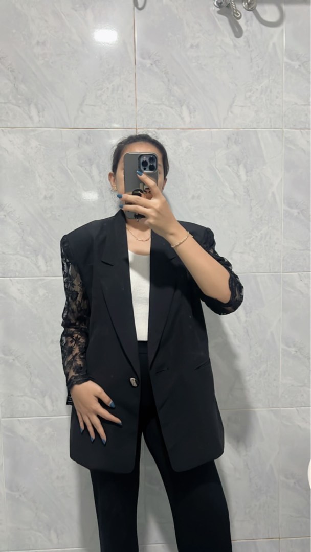 Blazer unik bagian tangan bahan lace prada timbul bahan tebal full ...