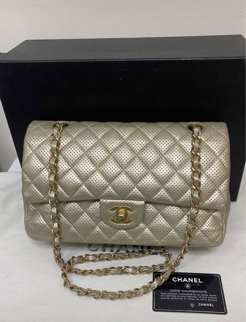 Chanel classic metallic gold perforated double flap (auth), Luxury ...