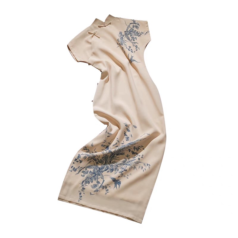 Cheongsam - cream with blue prints, Women's Fashion, Dresses & Sets ...