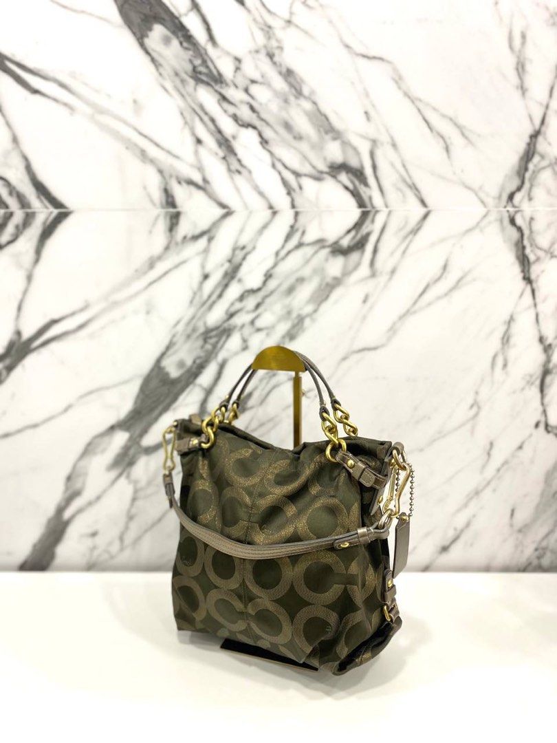 COACH OP ART BROOKE METALLIC OLIVE SIGNATURE LOGO PRINT SHOULDER BAG ...