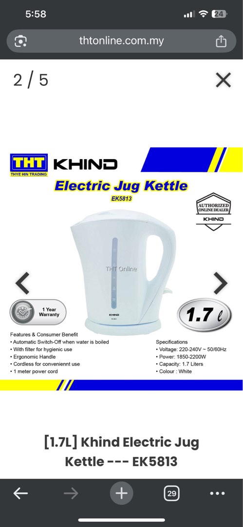 Electric Kettle Khind, TV & Home Appliances, Other Home Appliances on ...