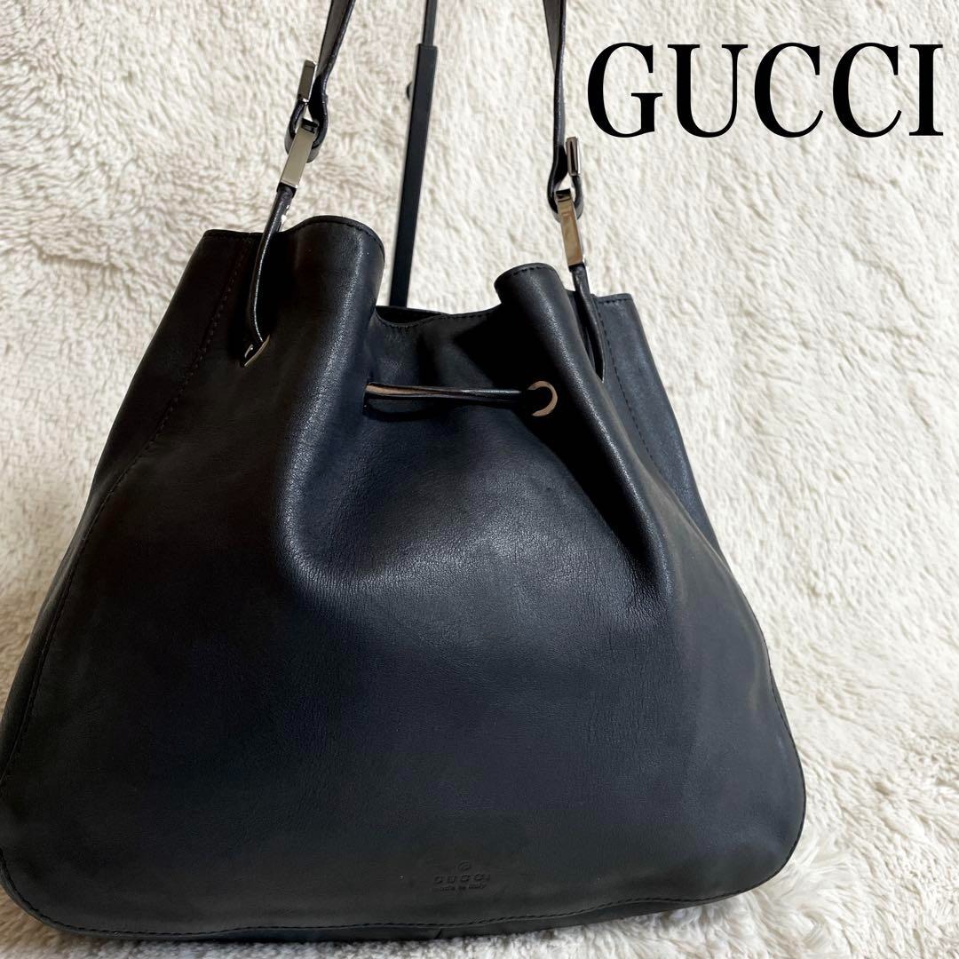 GUCCI Drawstring Shoulder Bag Black Leather Vintage Crossbody Purse ...