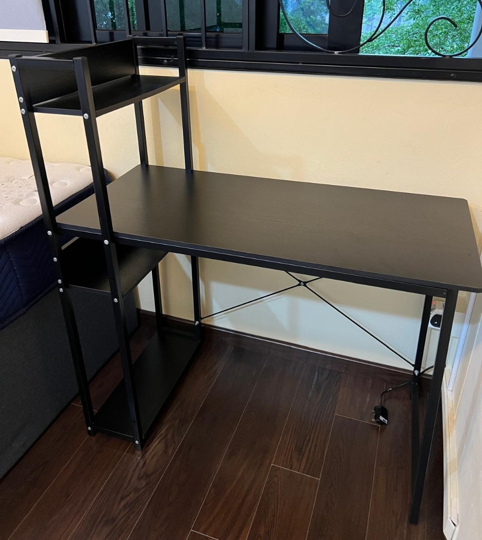 Simple Study Table with black frame and walnut veneer table top ...