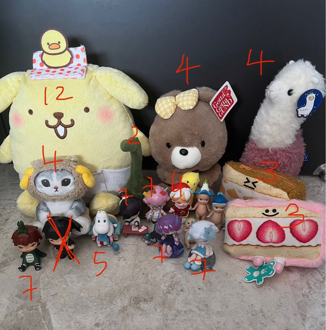wts soft toys, plushies, claw machine, sanrio, pompompurin, mofusand ...