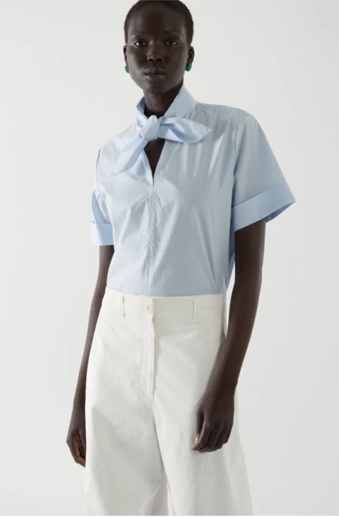 COS powder blue top with tie, Women's Fashion, Tops, Blouses on Carousell