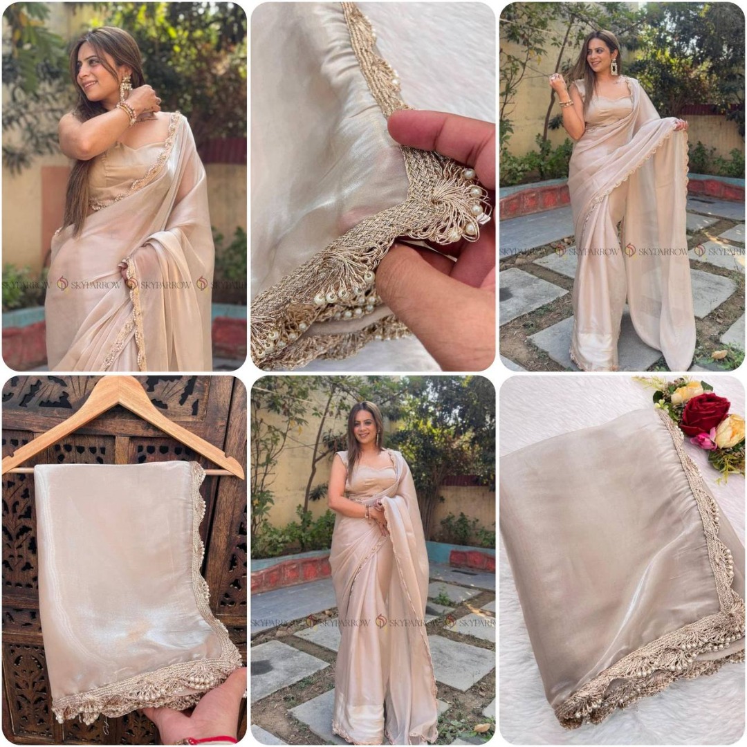 Jimmy choo Saree with Weaving Moti & Gold Lace Border, Women's Fashion ...