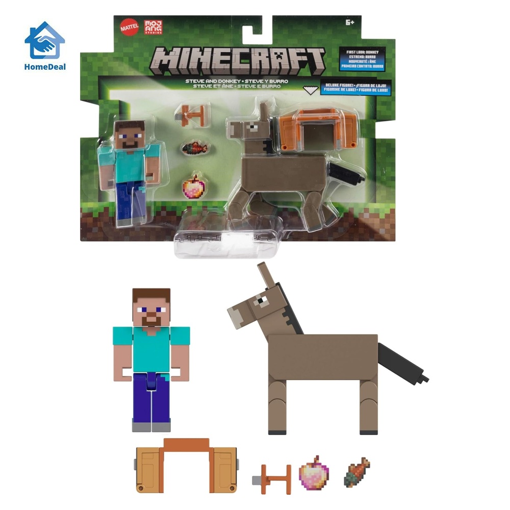 Mattel Minecraft Action Figures & Accessories 2-Pack, Steve & Donkey in ...
