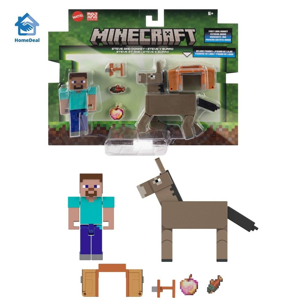 Mattel Minecraft Action Figures & Accessories 2-Pack, Steve & Donkey in ...