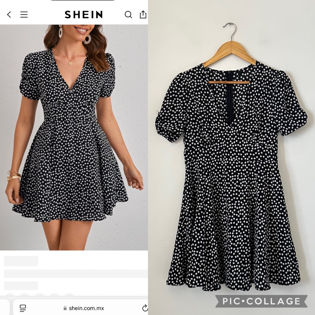 Original Shein Black Floral Low Neckline A Line Dress Medium, Women's ...