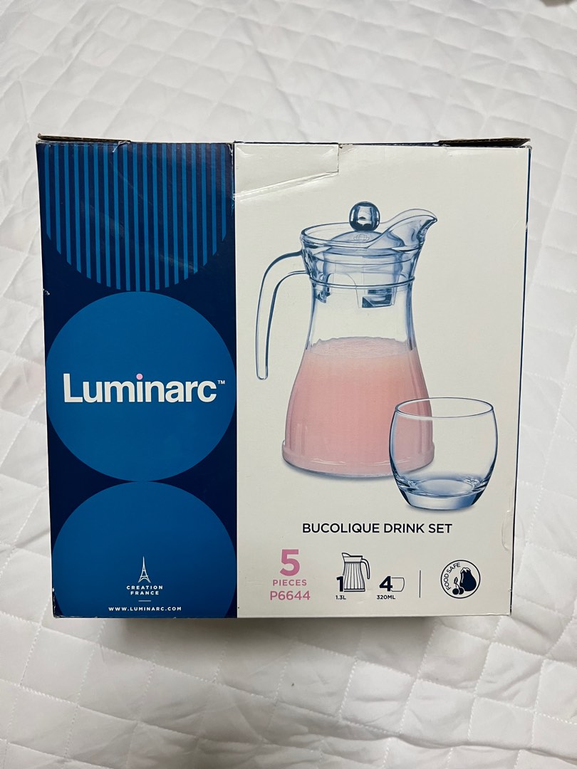 BNIB Luminarc glass pitcher + 4 cups set, Furniture & Home Living ...
