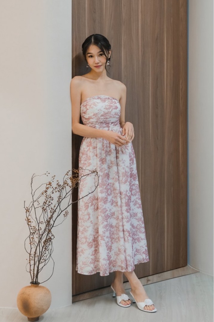 Carrislabelle Edith Ruched Midi Dress (Pink Floral), Women's Fashion ...