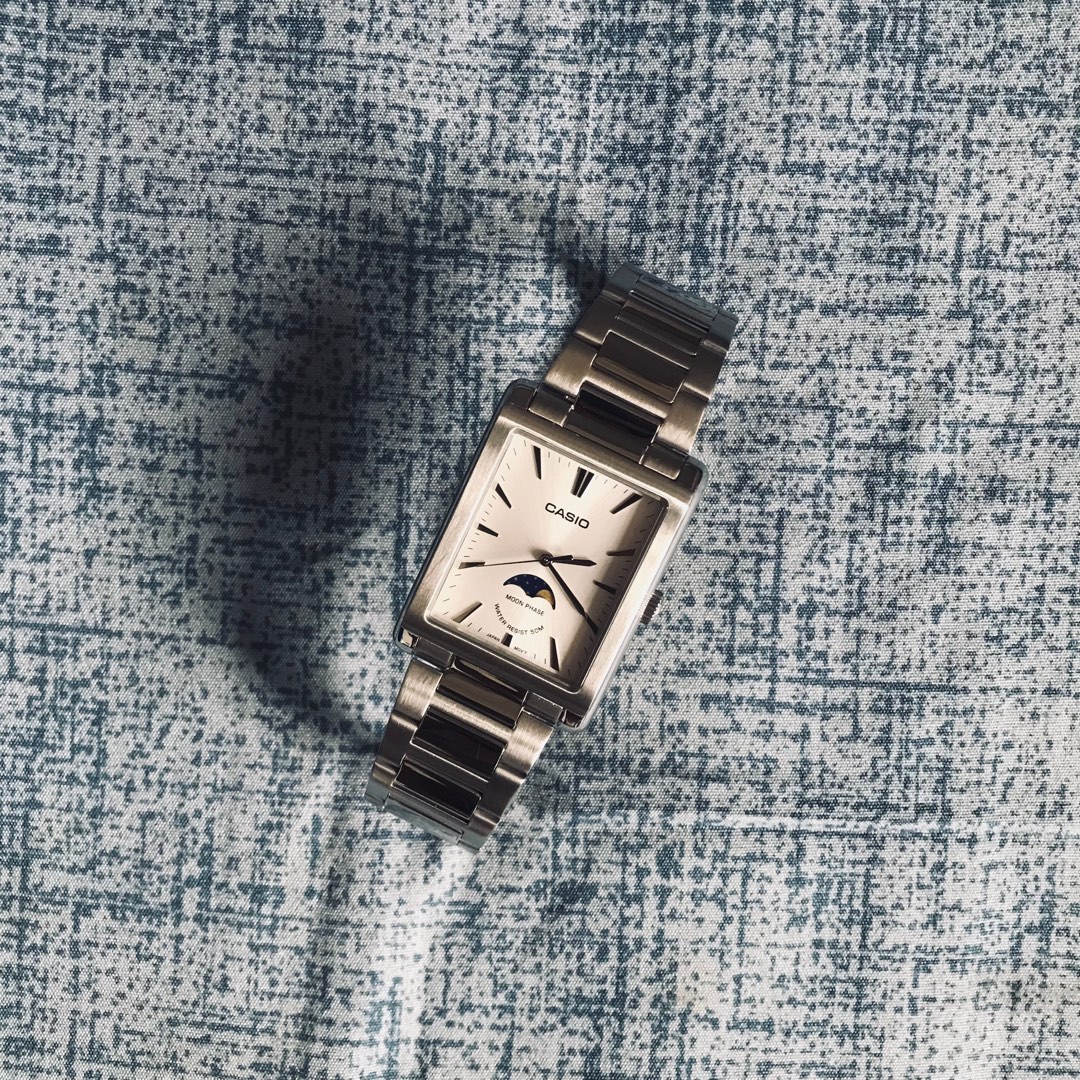 Casio MTP-M105D-7A Silver Analog Moon Phase Rectangle Casual Dress ...