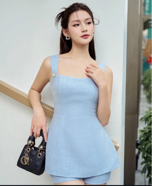 Chello Olivia Peplum tweed romper in celestite blue, Women's Fashion, Dresses & Sets, Rompers on ...