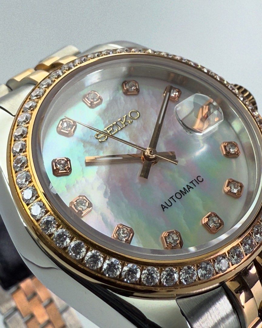 Custom Seiko Mod 31mm 2-Tone Silver Rose Gold White Pearl Double ...