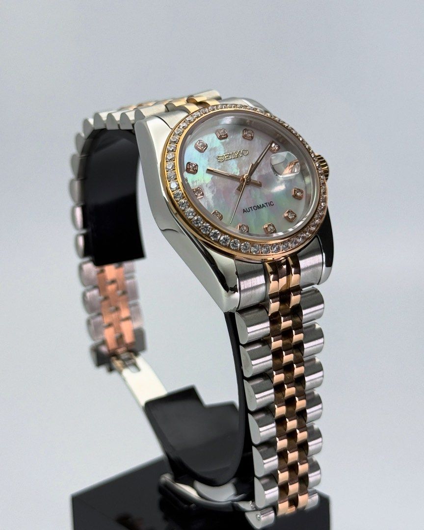 Custom Seiko Mod 31mm 2-Tone Silver Rose Gold White Pearl Double ...