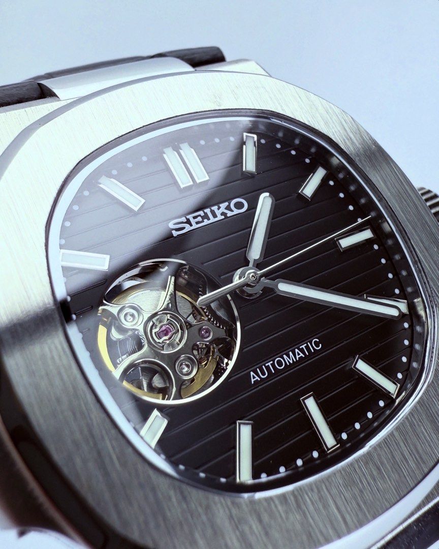 Custom Seiko Mod 40mm Black Open Heart Silver Nautilus on Leather Strap ...