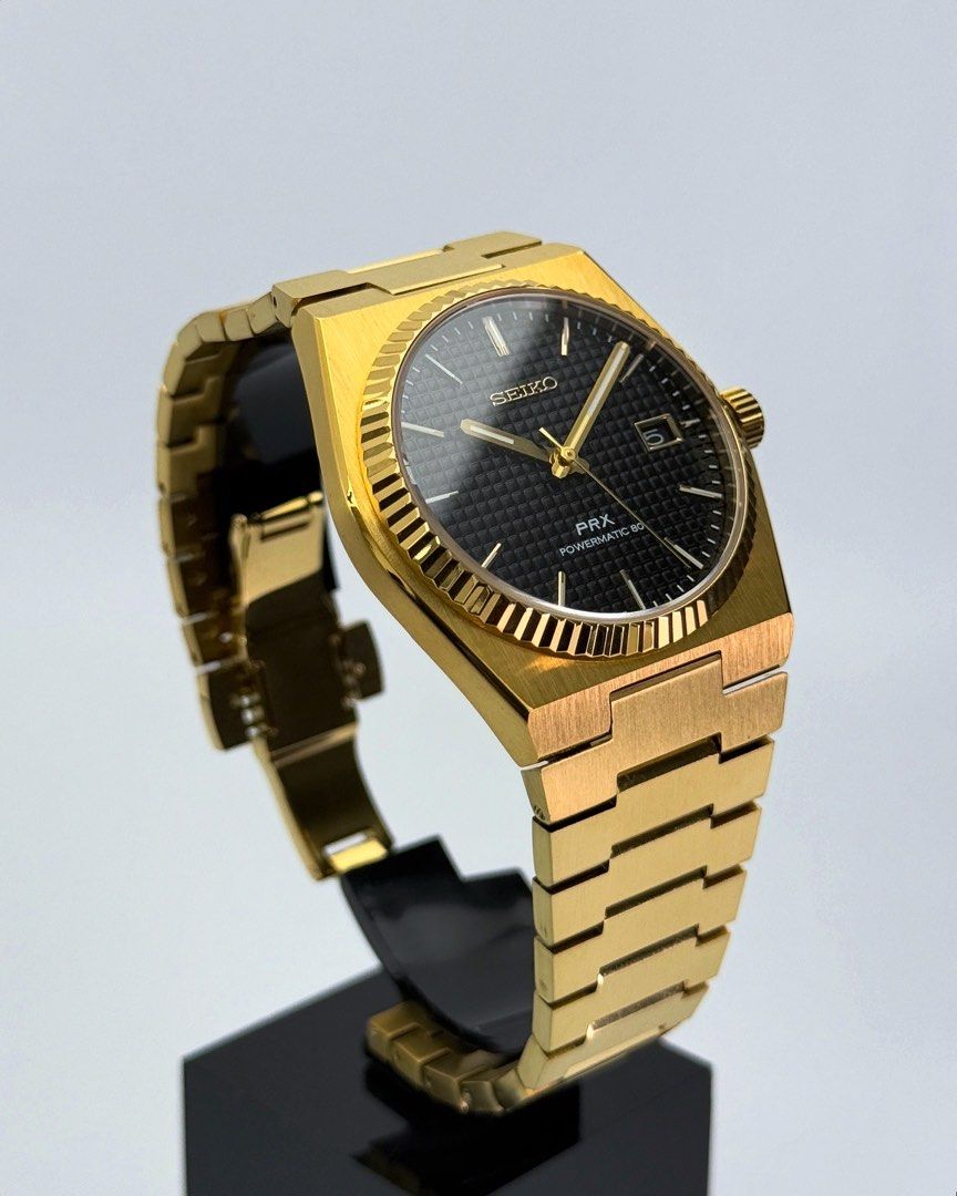Custom Seiko Mod 40mm Black Waffle Gold Fluted PRX Automatic Watch, Men ...