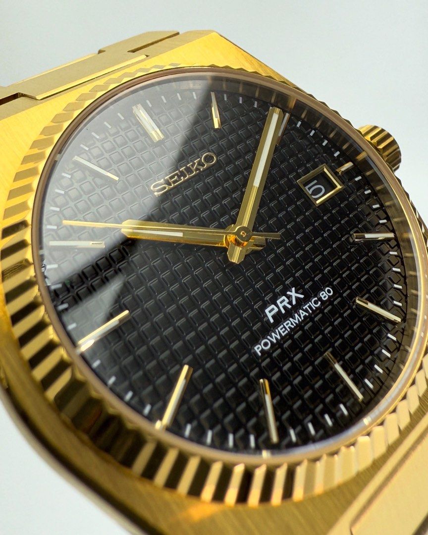 Custom Seiko Mod 40mm Black Waffle Gold Fluted PRX Automatic Watch, Men ...