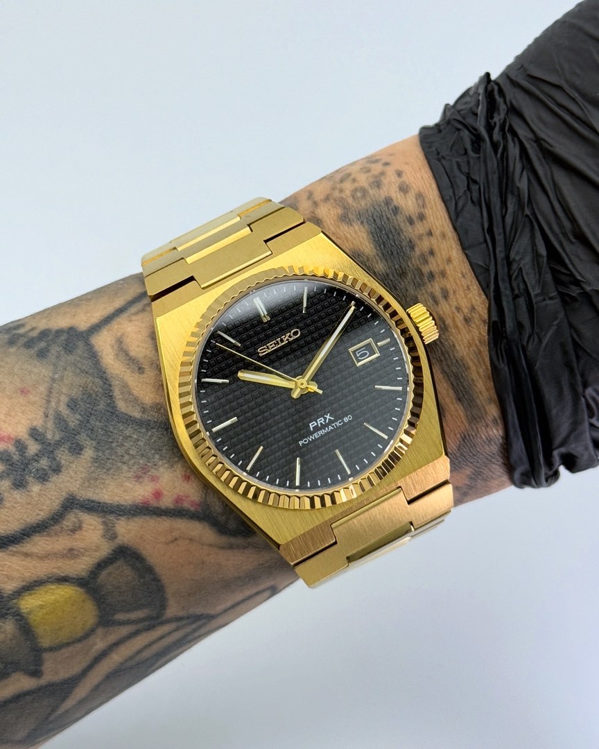 Custom Seiko Mod 40mm Black Waffle Gold Fluted PRX Automatic Watch, Men ...