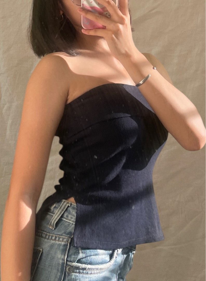 dark navy blue tube side slit top, Women's Fashion, Tops, Sleeveless on ...