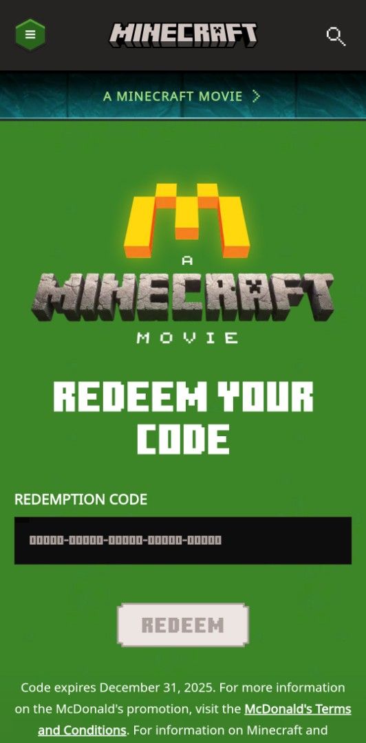 McDonald's x A Minecraft Movie Super Add-On Pack Key 5x5 Code, Video ...