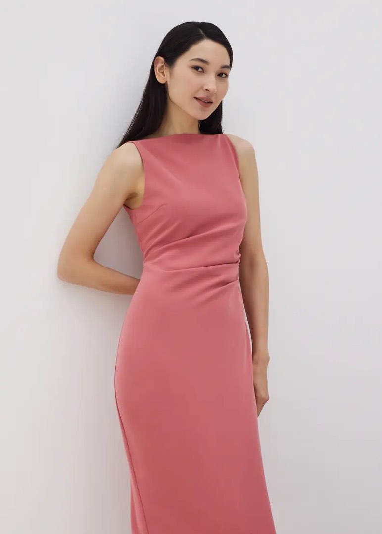 Naya Straight Neck Side Pleated Dress (Rose), Women's Fashion, Dresses ...