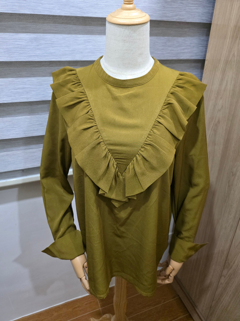 Olive Green Ruffle Blouse, Women's Fashion, Tops, Longsleeves on Carousell