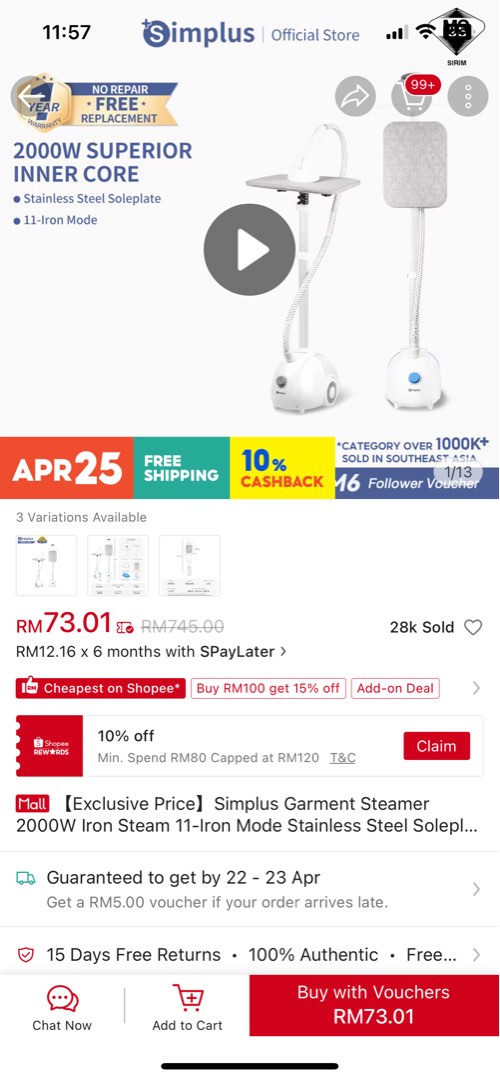 Simplus Iron Steam Garment Steamer 2000W 11-Iron Mode Stainless Steel, TV & Home Appliances ...