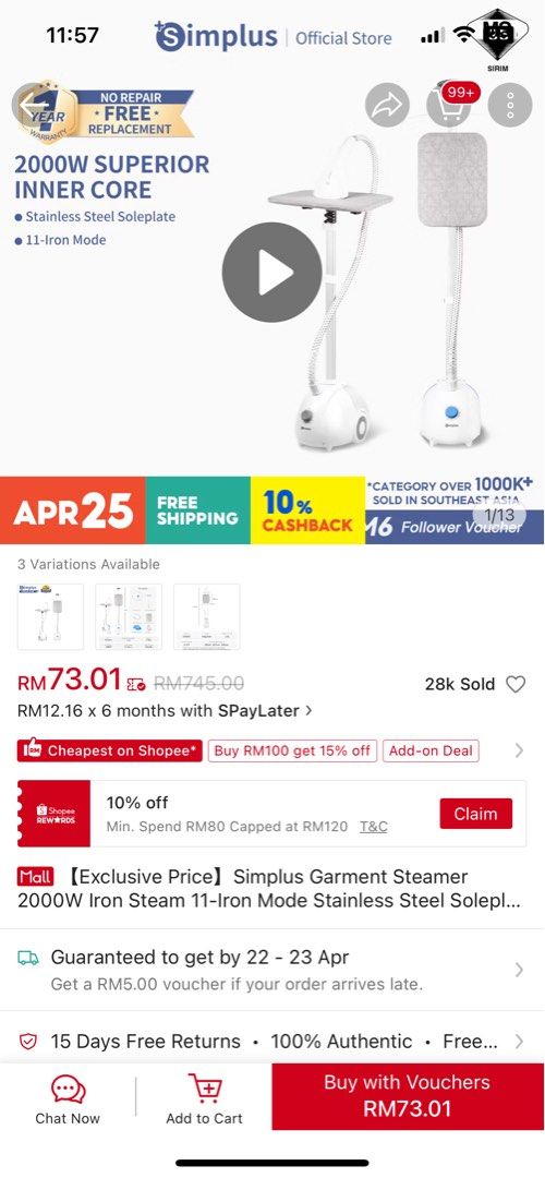 Simplus Iron Steam Garment Steamer 2000W 11-Iron Mode Stainless Steel ...